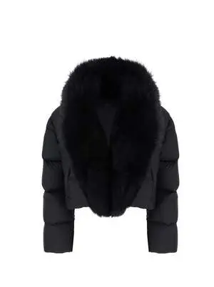 Gucci Black Down Jacket With Applied Fur On The Front In Tech Fabric - Multicolor