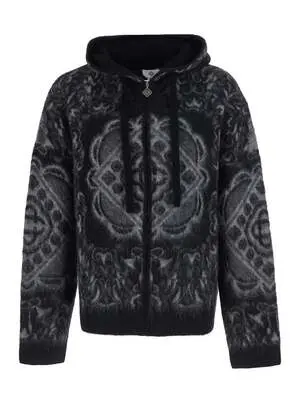 Casablanca Black Hooded Cardigan With Geometric Motif In Wool For - Multicolor