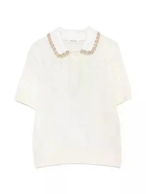 Sandro Crystal-embellished Pointelle-knit Polo Shirt - Neutrals
