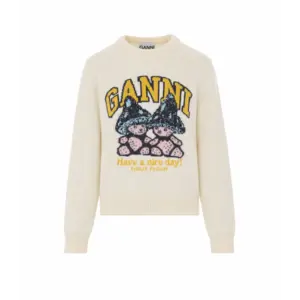 GANNI Ganni Women Teddy Mushroom Graphic Wool Sweater With Logo White