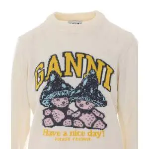 GANNI Teddy Mushroom Graphic Wool Sweater With Logo - White
