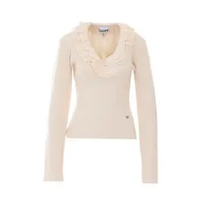 GANNI Ganni Women Ribbed Merino Top With Logo And Ruches