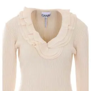 GANNI Ribbed Merino Top With Logo And Ruches