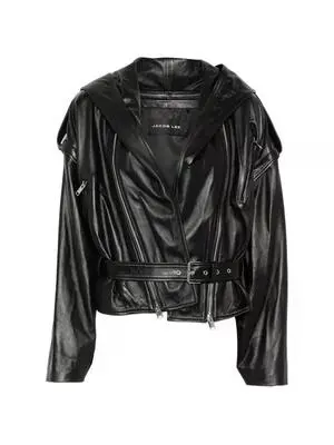 JACOB LEE Hooded Leather Biker Jacket - Black