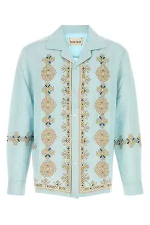 BAZISZT Roses Cotton Blend Shirt - Light Blue