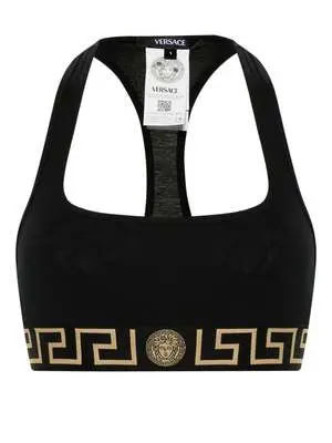 Versace Stretch Round Neck Top With Central Medusa Motif In Mini Size - Black