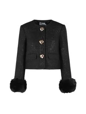 SELF-PORTRAIT Embellished Tweed Cropped Jacket With Faux Fur Cuffs - Black