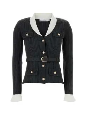 SELF-PORTRAIT Ribbed Button-front Cardigan With Belt