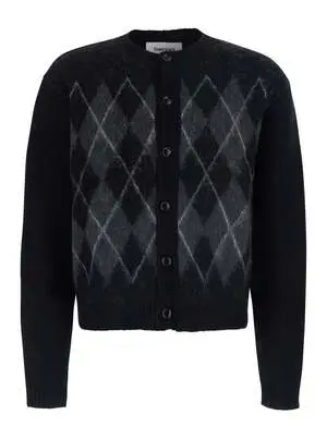 TONYWACK Brushed Argyle V-neck Button-front Cardigan Sweater For - Black