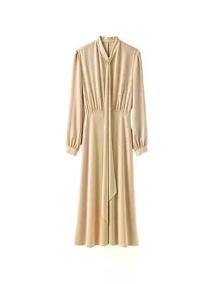 DANAME Midi Tie-neck Gathered-waist Dress - Neutrals