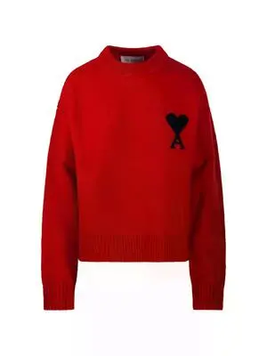 AMI Paris Crew Neck Wool Sweater With De Coeur - Red