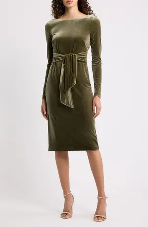 Eliza J Bateau Neck Velvet Sheath Dress - Olive