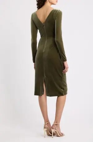 Eliza J Bateau Neck Velvet Sheath Dress - Olive