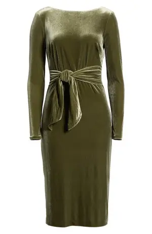 Eliza J Bateau Neck Velvet Sheath Dress - Olive