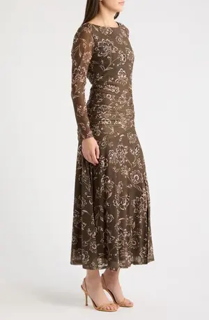 Eliza J Paisley Long Sleeve Mesh Maxi Dress