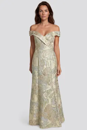 Rene Ruiz Collection Off The Shoulder Floral Jacquard Gown - Sage