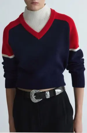 Mango Contrast Wool Blend Sweater - Navy