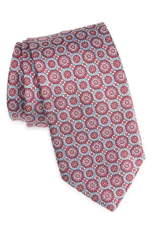 David Donahue Neat Medallion Jacquard Silk & Cotton Tie - Red
