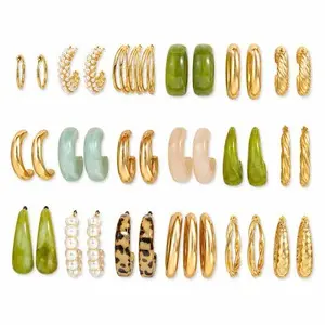 GEMINI JEWELRY 18-pair 14k Gold-plated Mixed Hoop Earring Set With Resin-look And Faux Pearl Accents - Gold/multicolor