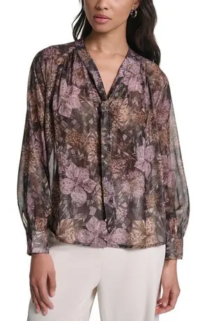 Karl Lagerfeld Paris Foil Chiffon Tie Neck Top - Chocolate Multi