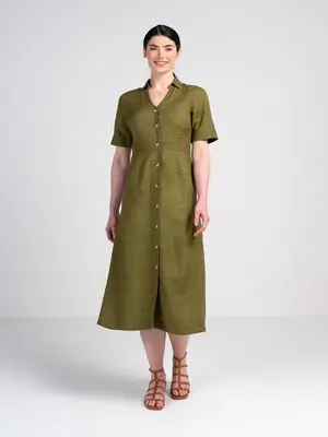KETTLEWELL Short Sleeve Linen Shirt Dress - Rich Moss