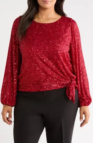 TAHARI ASL Sequin Tie Hem Top - Red