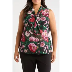 TAHARI ASL Tie Front Sleeveless Top - Black Multi