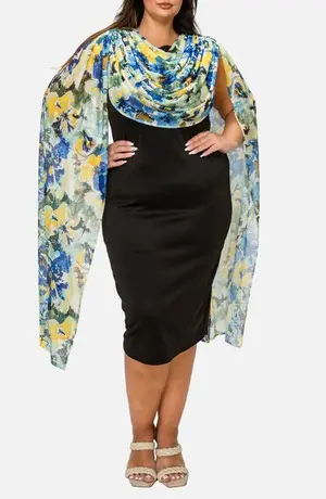 L I V D Evolette Floral Cape Sheath Dress - Black