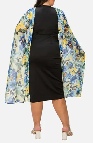 L I V D Evolette Floral Cape Sheath Dress - Black