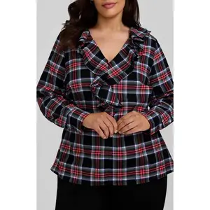 Foxcroft Sandy Plaid Ruffle Neck Long Sleeve Popover Top - Red/multi Plaid