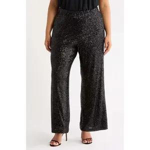 TAHARI ASL Sequin Wide Leg Pants - Black