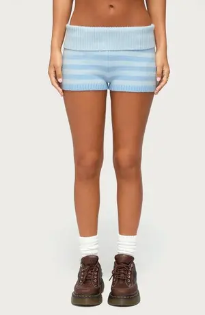 EDIKTED Saphi Stripe Foldover Waist Knit Shorts - Light-blue
