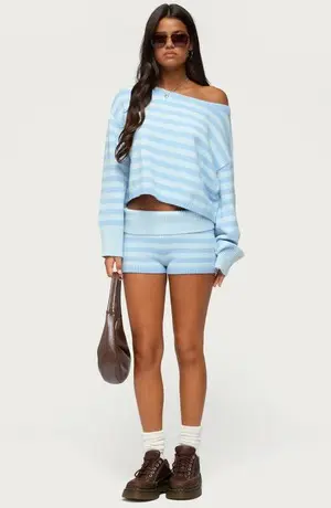 EDIKTED Saphi Stripe Foldover Waist Knit Shorts