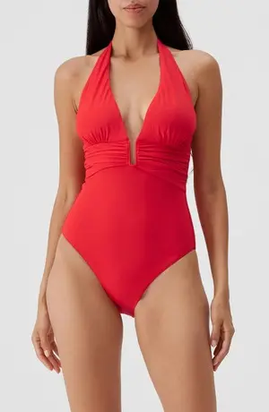 Melissa Odabash Balearic Ruched Halter One-piece Swimsuit Red