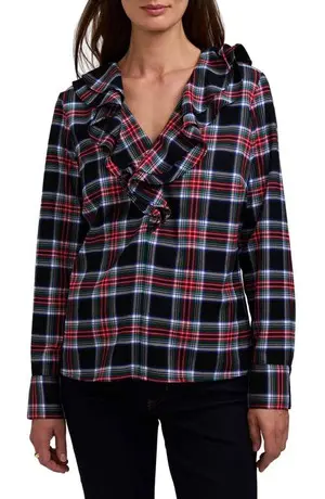 Foxcroft Sandy Ruffle Plaid Shirt - Red/multi