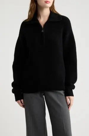 Fleurette Boucle Quarter Zip Mock Neck Pullover - Black