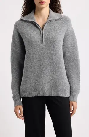 Fleurette Boucle Quarter Zip Mock Neck Pullover Grey