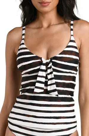La Blanca Driftwood Stripe Tie Front Tankini Top - Espresso