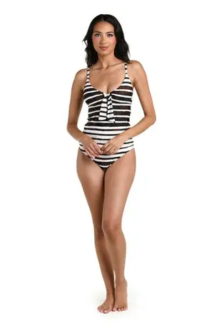 La Blanca Driftwood Stripe Tie Front Tankini Top