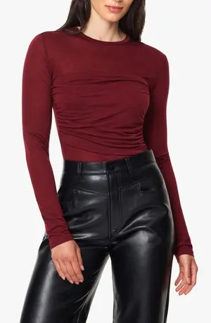 Habitual Shirred Front Double Layer Long Sleeve Tee - Wine