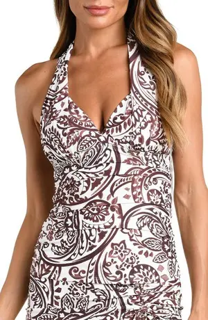 La Blanca Painted Paisley Ruched Halter Tankini Top - Espresso