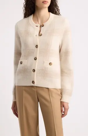 Fleurette Windowpane Plaid Cashmere & Silk Cardigan - Cream