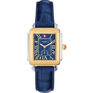 Michele Deco Sport Mid Leather Strap Watch - Navy