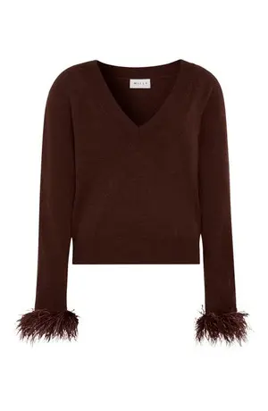 MILLY Feather Cuff V-neck Sweater - Brown