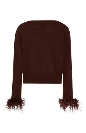 MILLY Feather Cuff V-neck Sweater - Brown