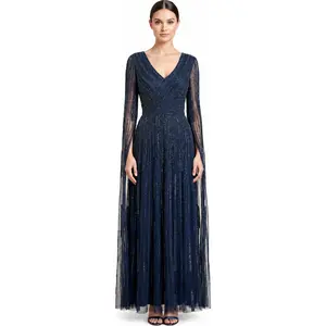 LARA NEW YORK V-neck Beaded Dress With Long Cape Sleeves