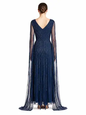 LARA NEW YORK V-neck Beaded Dress With Long Cape Sleeves