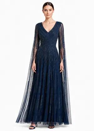 LARA NEW YORK V-neck Beaded Dress With Long Cape Sleeves