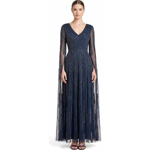 LARA NEW YORK V-neck Beaded Dress With Long Cape Sleeves - Navy