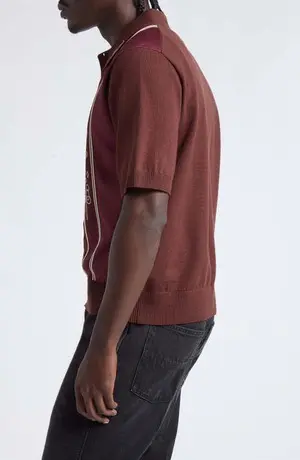Amiri Paneled Short Sleeve Wool Blend Button-up Sweater Shirt - Brick